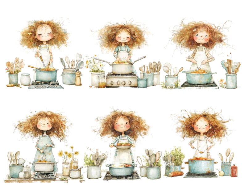 Cooking Girl Clipart Set: Whimsical Kitchen Illustrations (PNG JPG) - Etsy