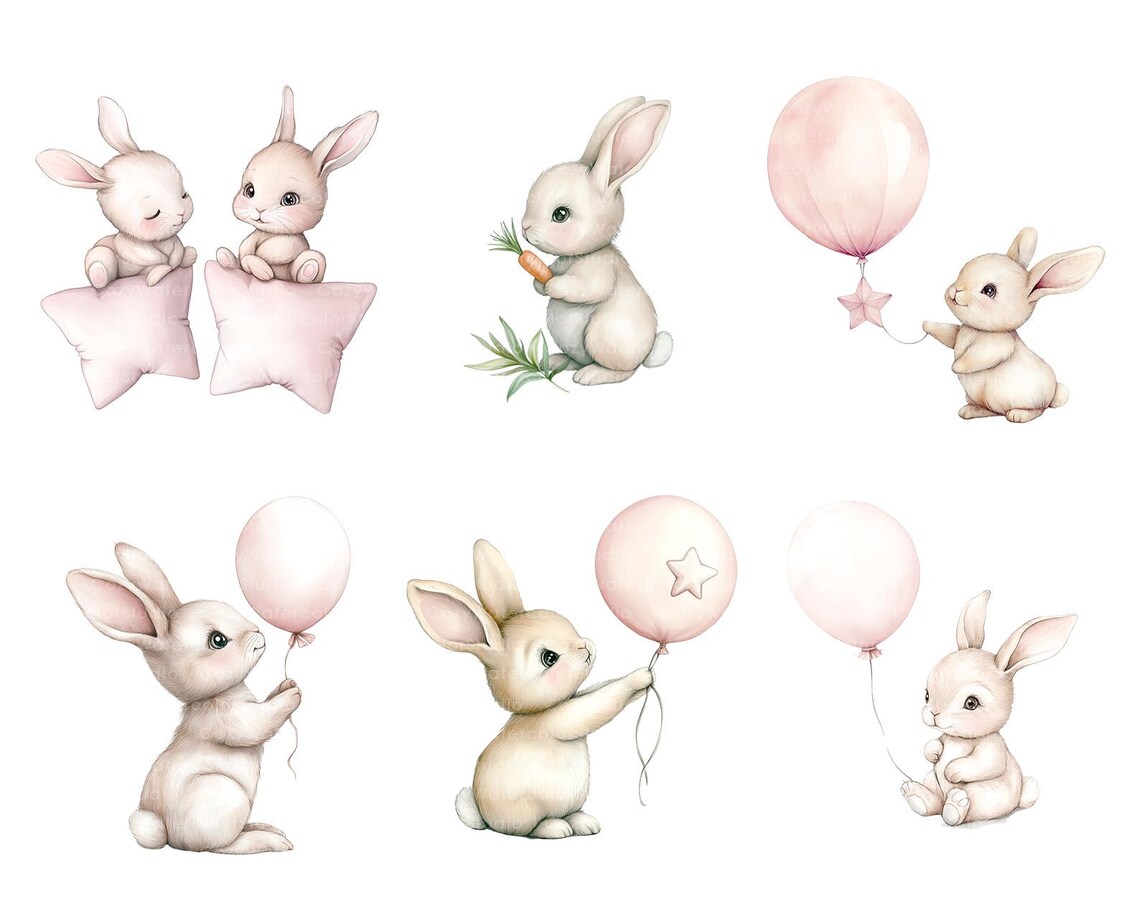 25 Gentle Bunny Cliparts for Scrapbooking and Junk Journal | PNG JPG ...