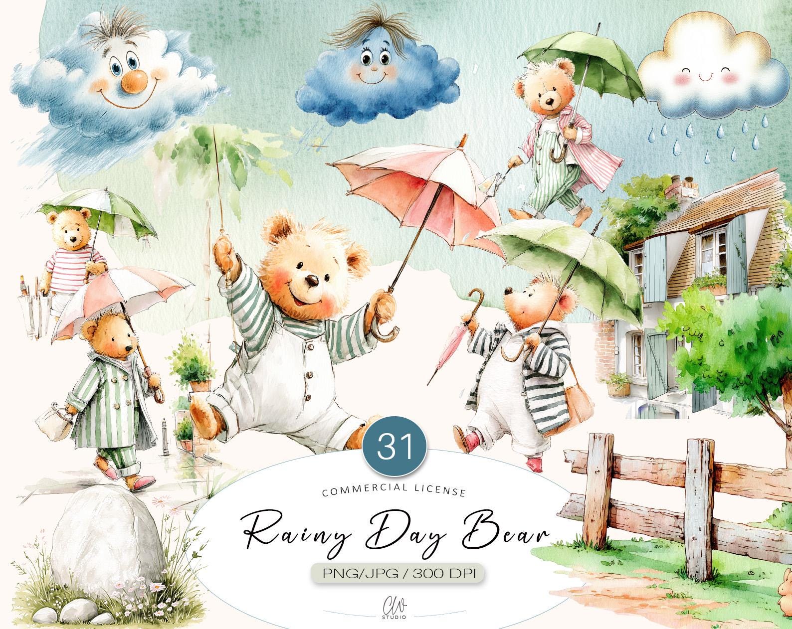 31 Rainy Day Bear Clipart PNG JPG | Watercolor Umbrella Bear Clipart ...