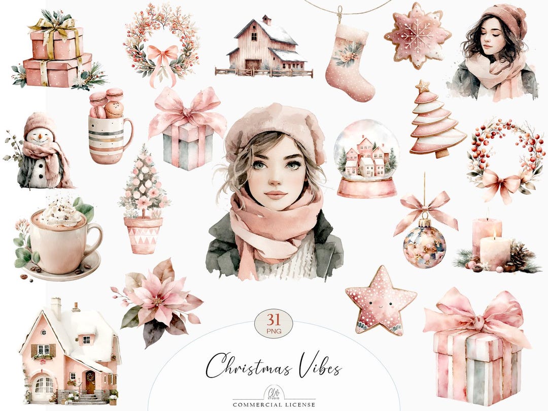31 Cozy Christmas Clipart | Watercolor Winter Girl PNG, Pink Holiday ...