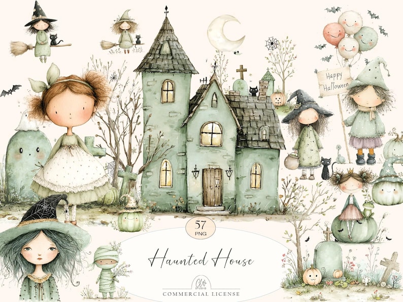 57 Cute Halloween Clipart | Witches, Haunted House, Pumpkins, Ghost PNG ...