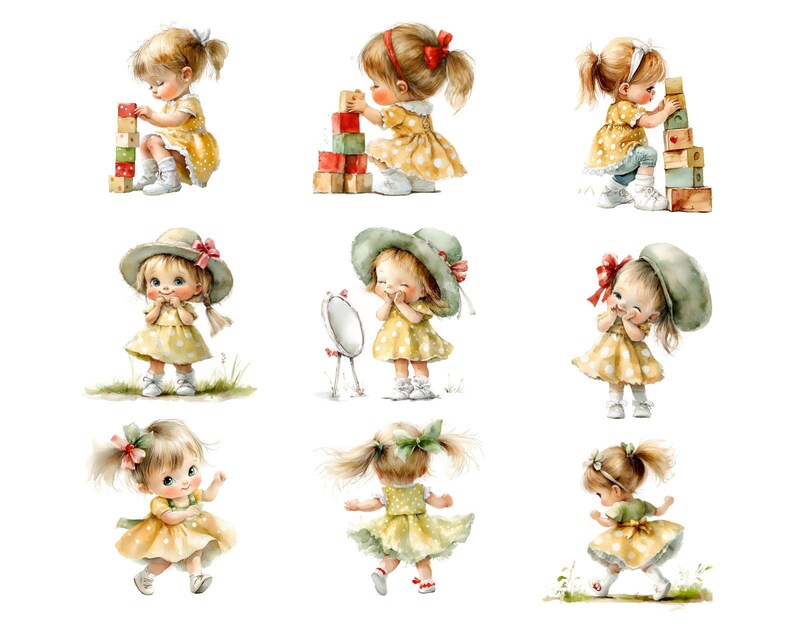 Baby Girl Clipart: Yellow Polka Dot Dress, Toys (33 PNG, Digital ...