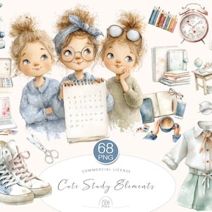 Watercolor School Clipart: Girls, Stationery, and Planner Graphics (PNG ...