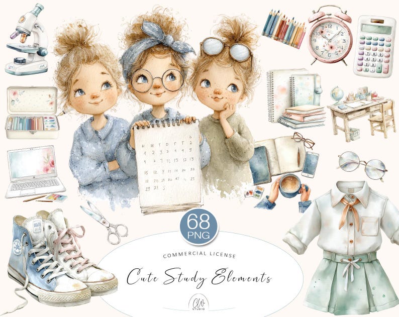 Watercolor School Clipart: Girls, Stationery, and Planner Graphics (PNG ...