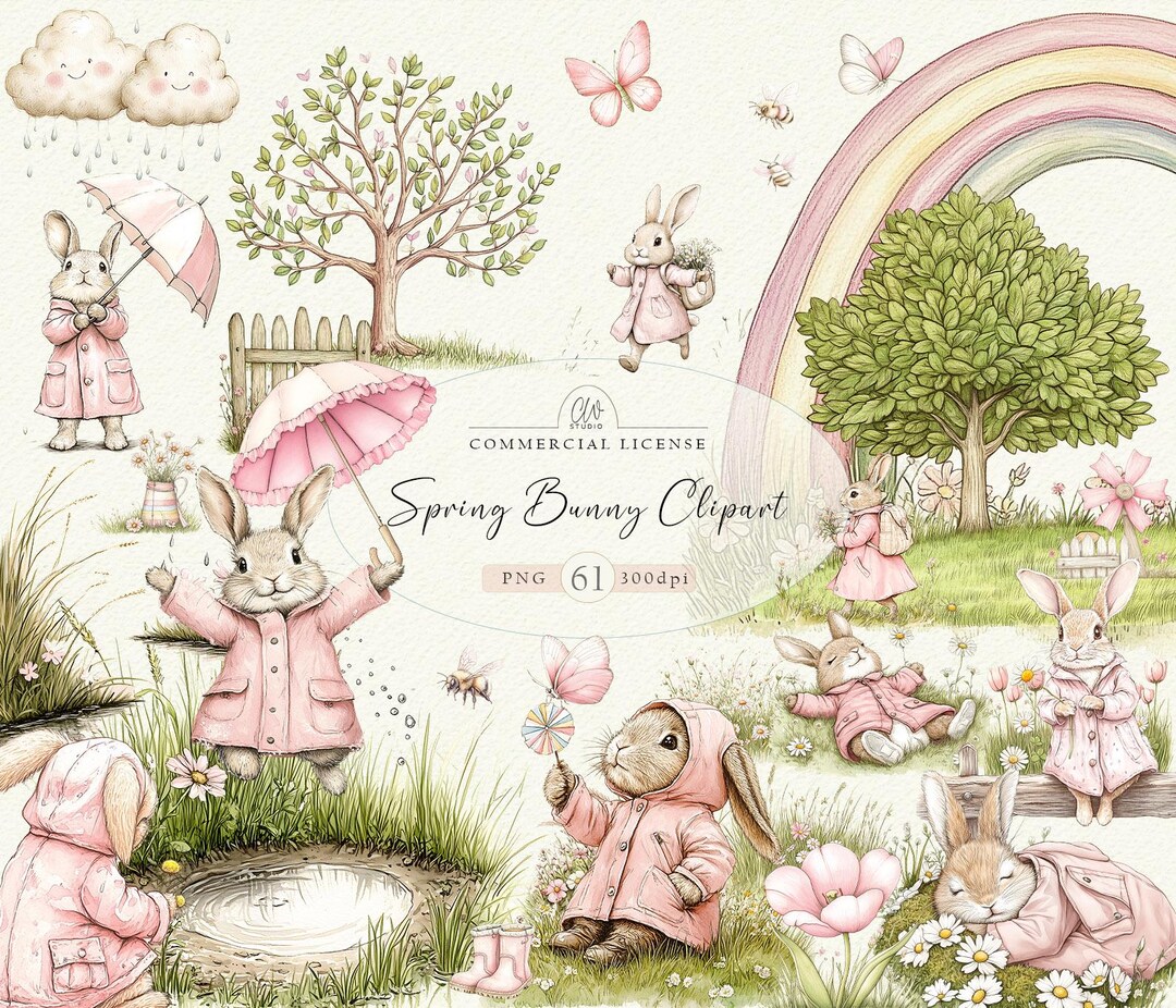 Spring Bunny Clipart - Watercolor Easter PNG - Cute Rabbits in ...