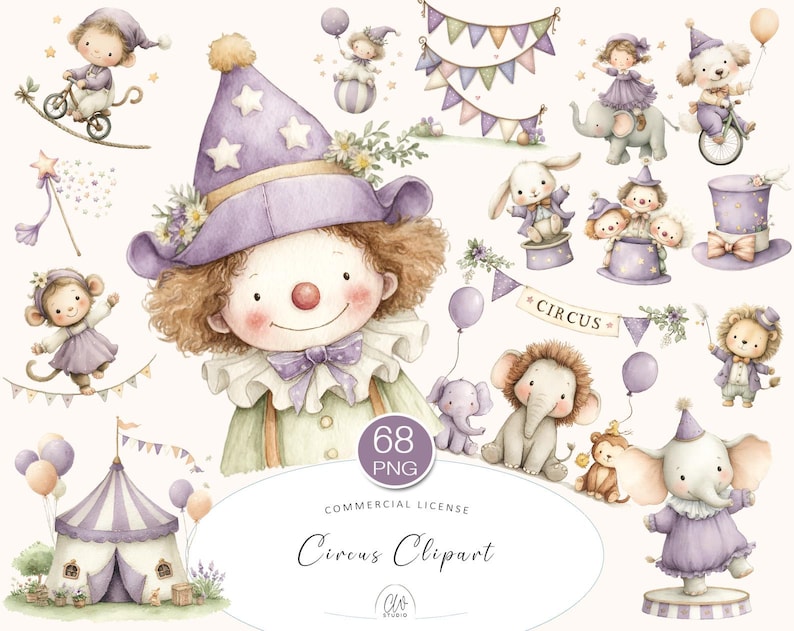 Watercolor Circus Clipart: Carnival Animals, Tents, Clowns (PNG Digital ...