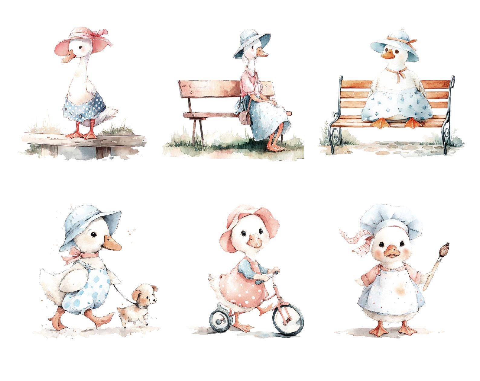 12 PNG Vintage Duck Clipart • Pastel Ducks in Dresses and Hats • Spring ...