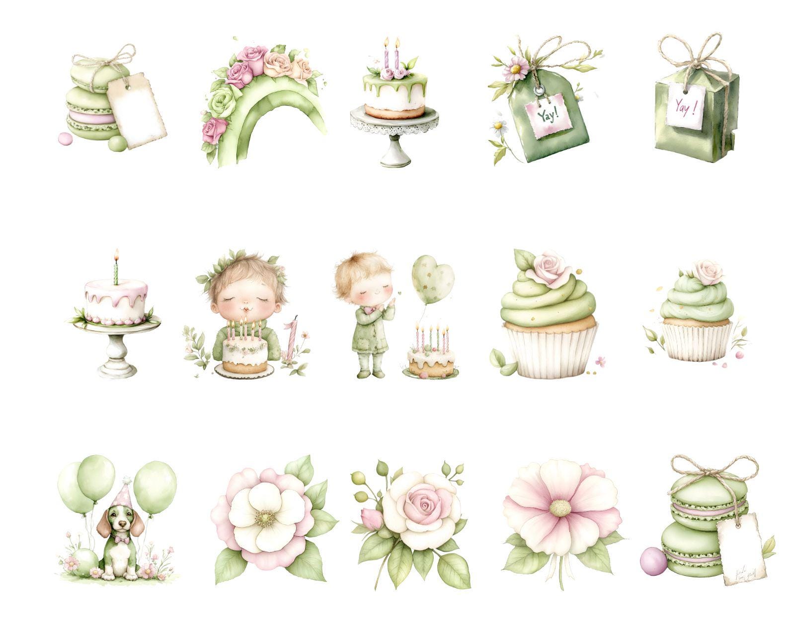 45 Watercolor Birthday Party Clipart Set | Green & Pink Kids Party PNG ...