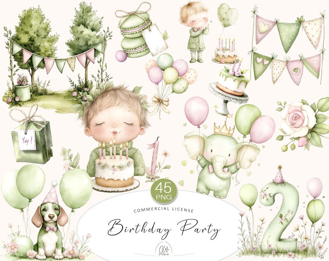 45 Watercolor Birthday Party Clipart Set | Green & Pink Kids Party PNG ...