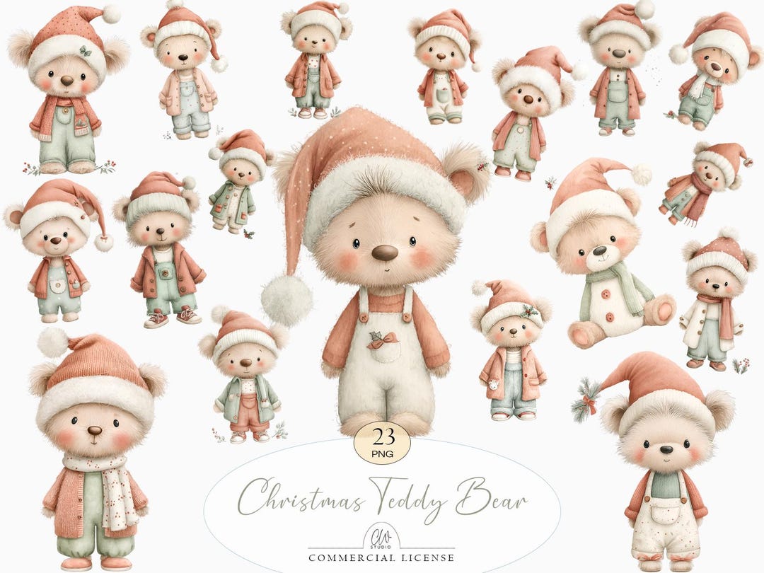 Holiday Bear Clipart, Christmas Teddy PNG, Pastel Nursery Art (digital ...