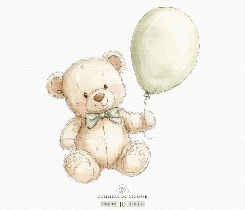 Watercolor Teddy Bear Clipart, Cute Baby Bear PNG JPG, Soft Plush Toy ...