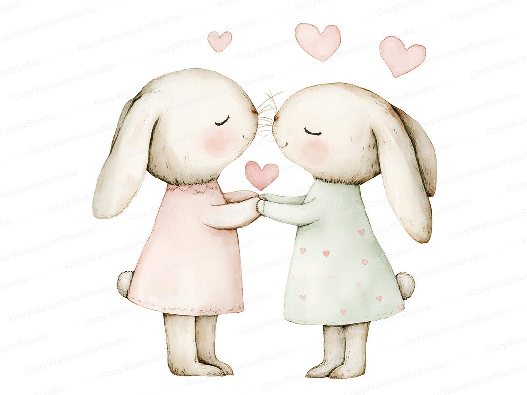 Watercolor Bunny Couple Clipart: Romantic Valentine's Art (JPG) - Etsy