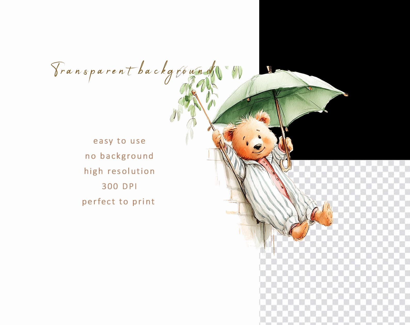 31 Rainy Day Bear Clipart PNG JPG | Watercolor Umbrella Bear Clipart ...