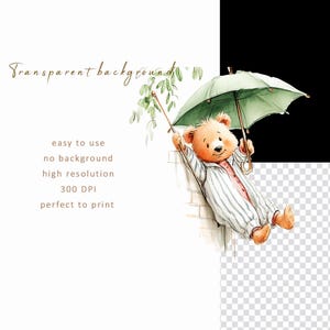 31 Rainy Day Bear Clipart PNG JPG | Watercolor Umbrella Bear Clipart ...