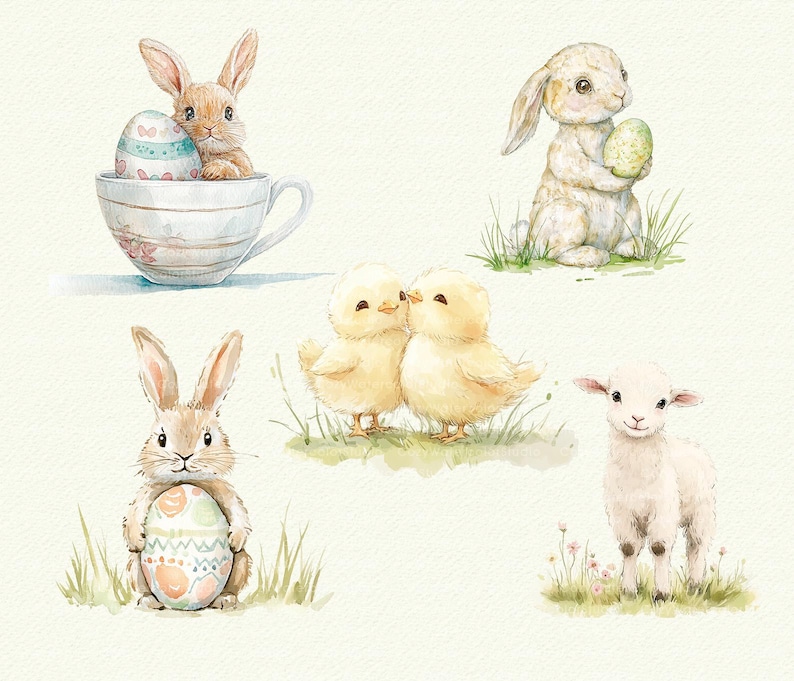 Easter Watercolor Clipart | Bunnies, Eggs, Spring Floral, Chicks, Lamb ...