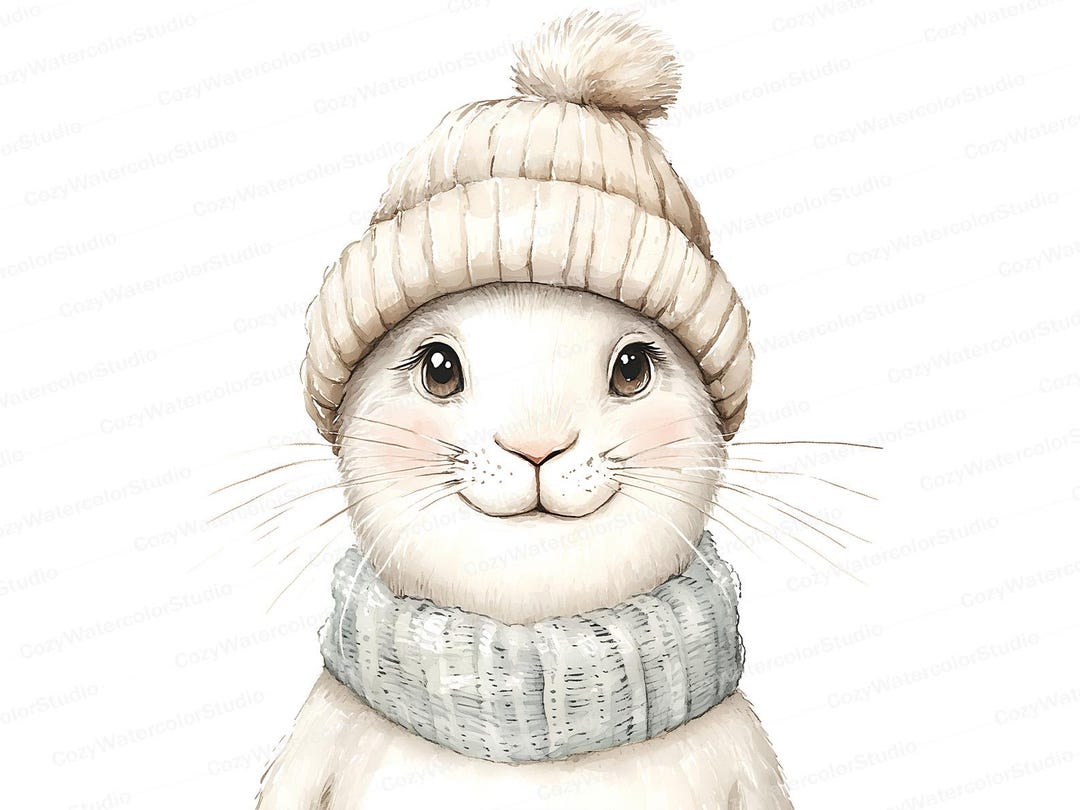 10 Winter Bunny Clipart Cute Rabbit in Hat Illustration Watercolor ...