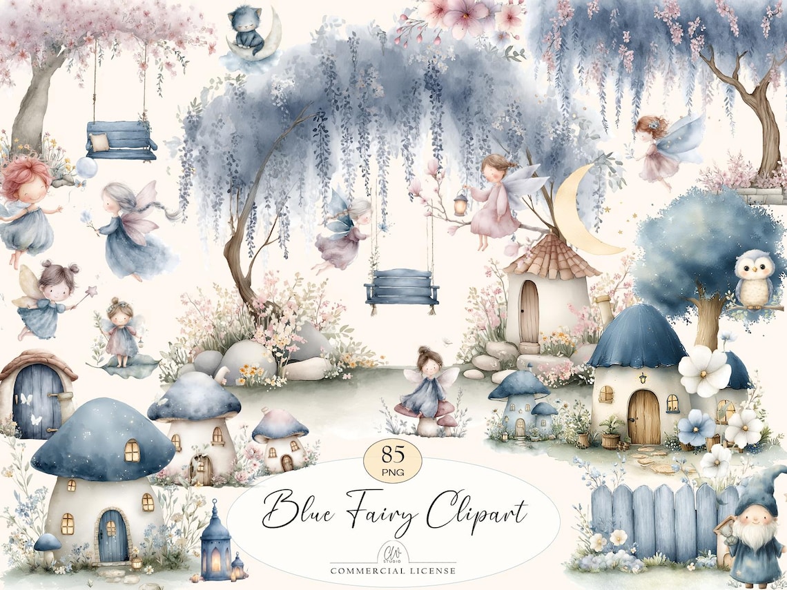 85 Blue Fairy Clipart | Watercolor Fantasy Houses & Forest PNG - Etsy
