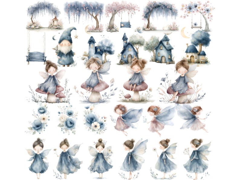 85 Blue Fairy Clipart | Watercolor Fantasy Houses & Forest PNG - Etsy
