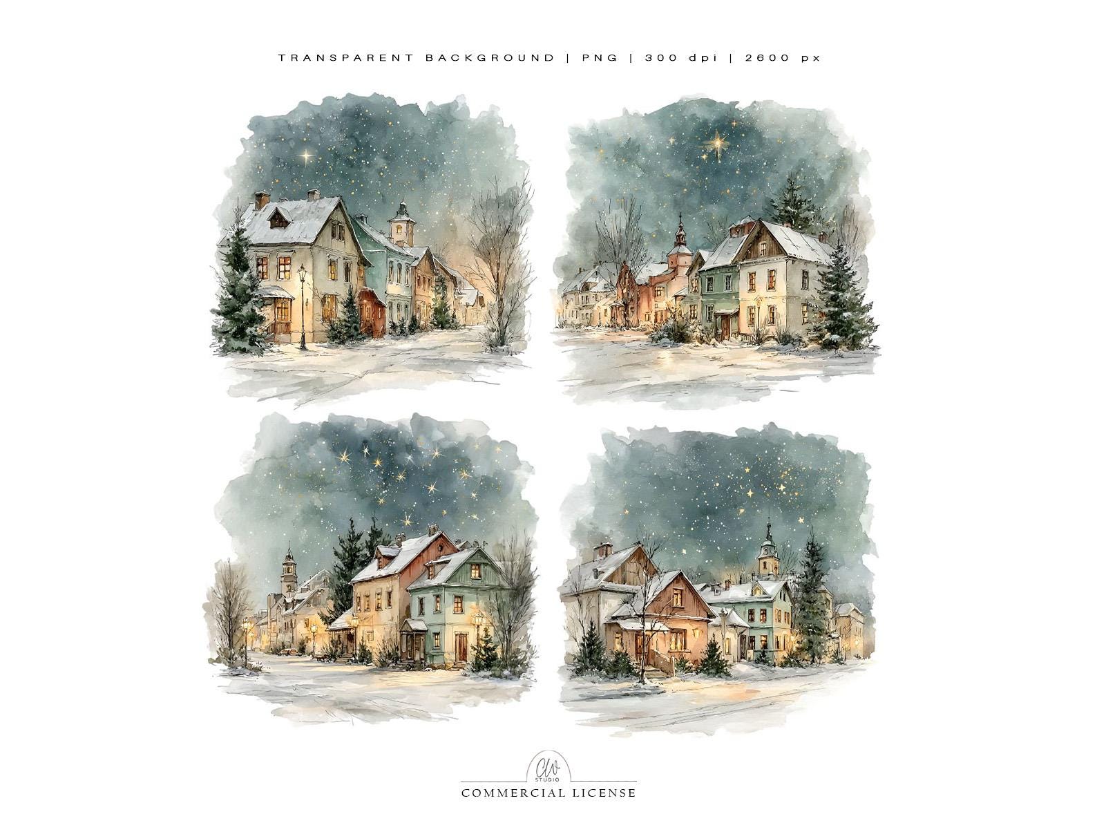 20 Winter Town Clipart | Snowy Village Watercolor PNG, Cozy Christmas ...