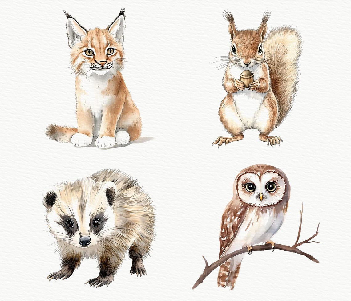 Watercolor Woodland Animals Clipart: Forest Creatures PNG (digital ...