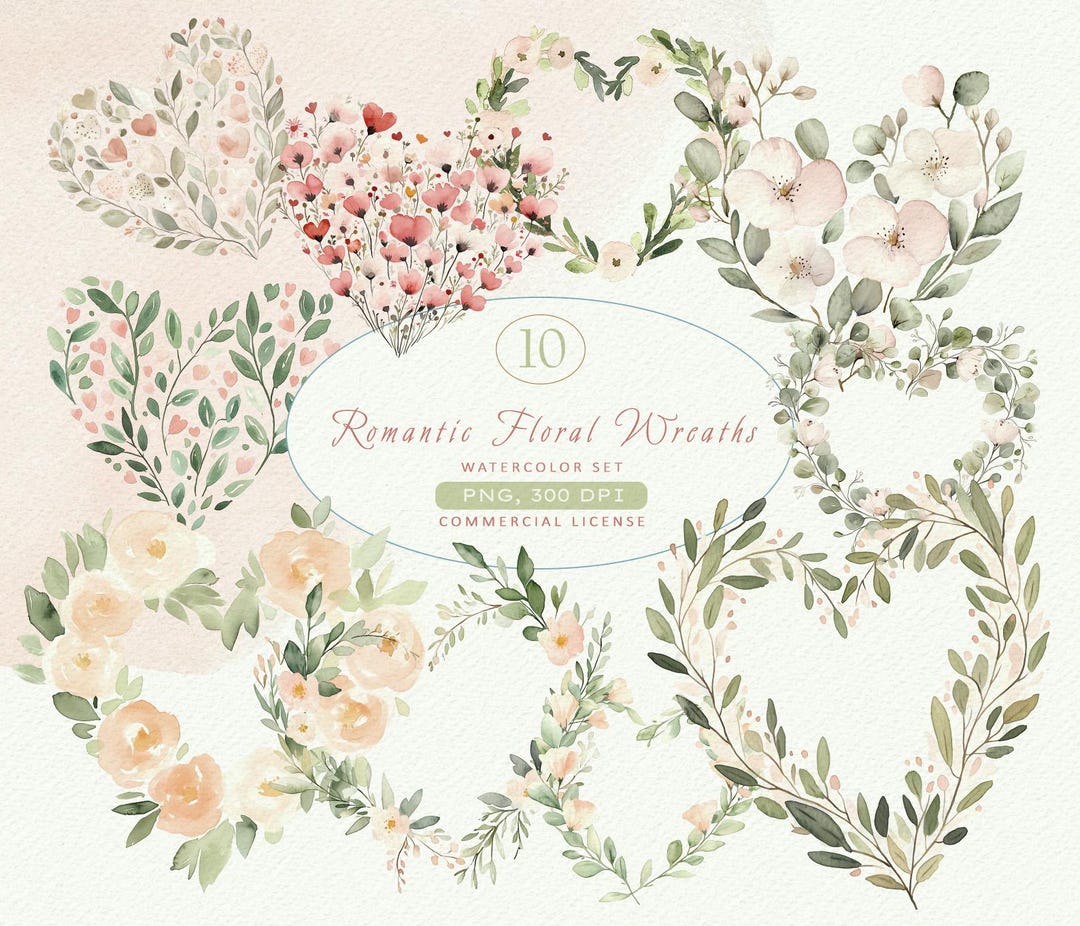Watercolor Floral Heart Wreaths Clipart: Romantic PNG Set (commercial ...