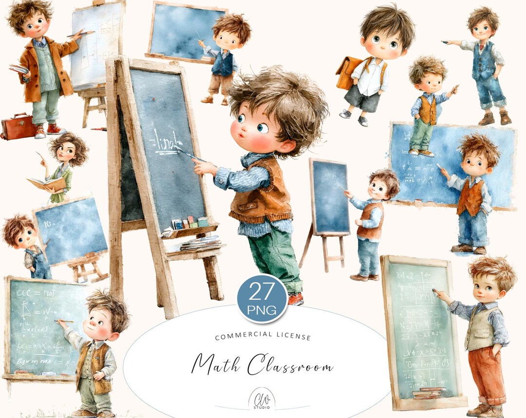 Watercolor Math Clipart: Kids, Teachers, Chalkboard Art (PNG Digital ...