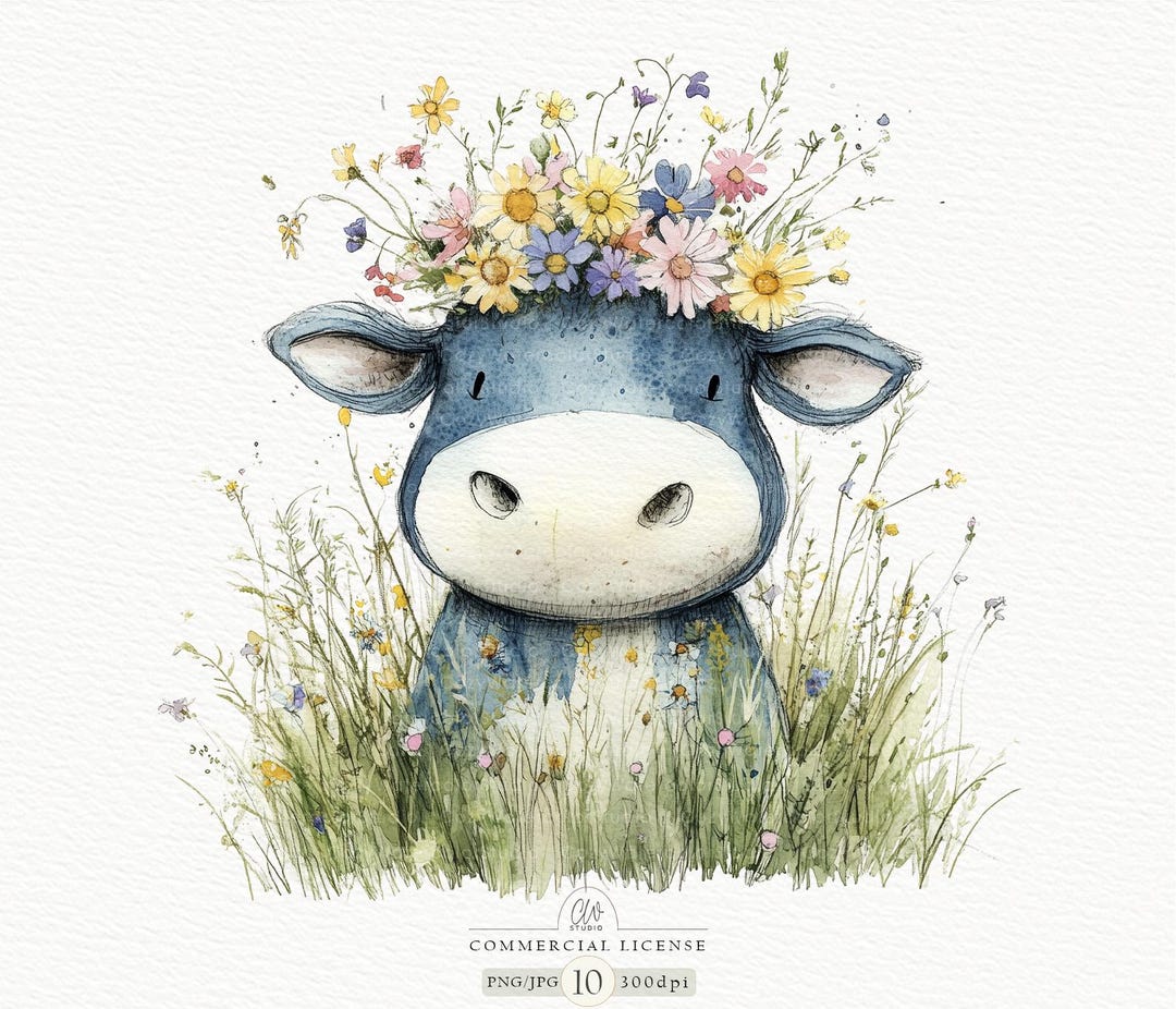 Watercolor Cow Clipart, Floral Farm Animal PNG JPG Cute Country ...