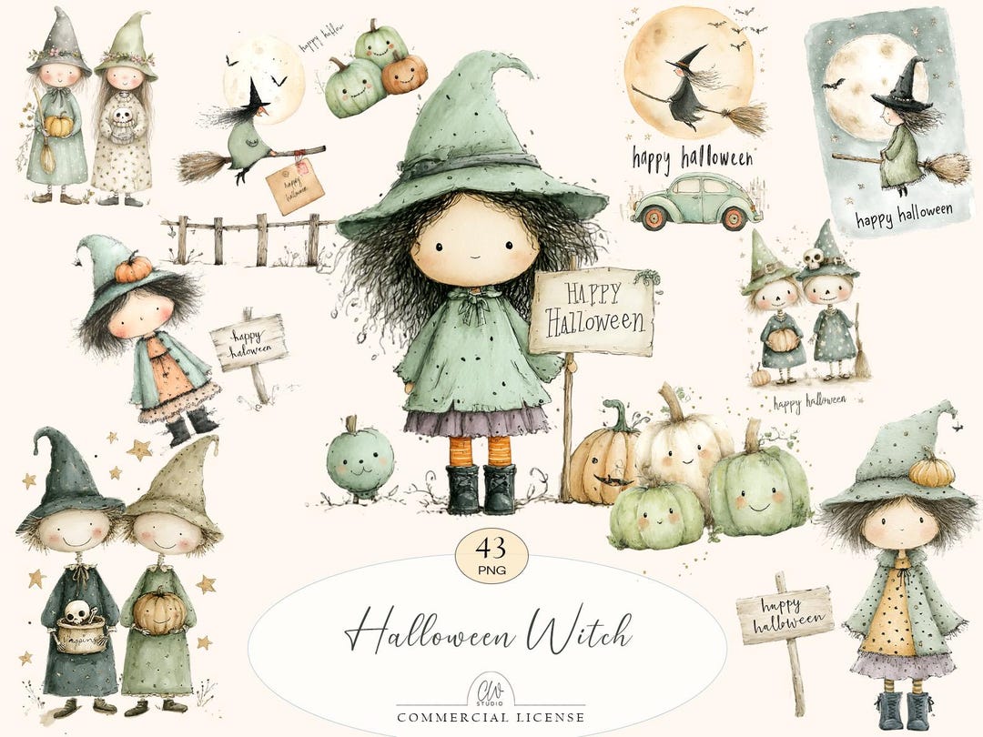 43 Halloween Witch Clipart | Watercolor Witches, Pumpkins, Spooky Kids ...