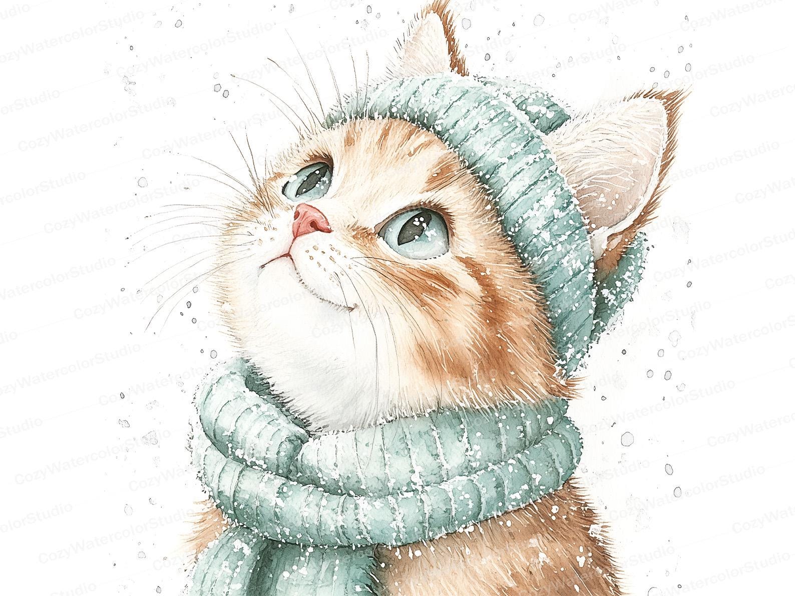 10 Winter Kitten Clipart - Watercolor Cute Cat Illustration - Instant ...