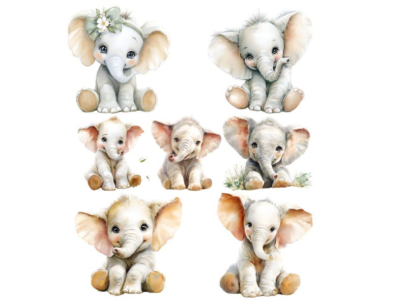 Watercolor Baby Elephant Clipart: Jungle Animals PNG (digital Download ...