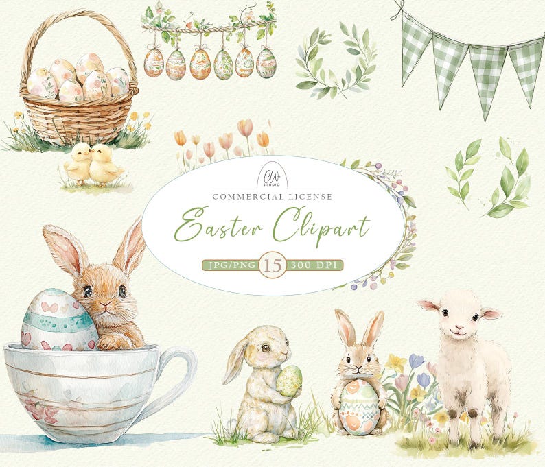 Easter Watercolor Clipart | Bunnies, Eggs, Spring Floral, Chicks, Lamb ...