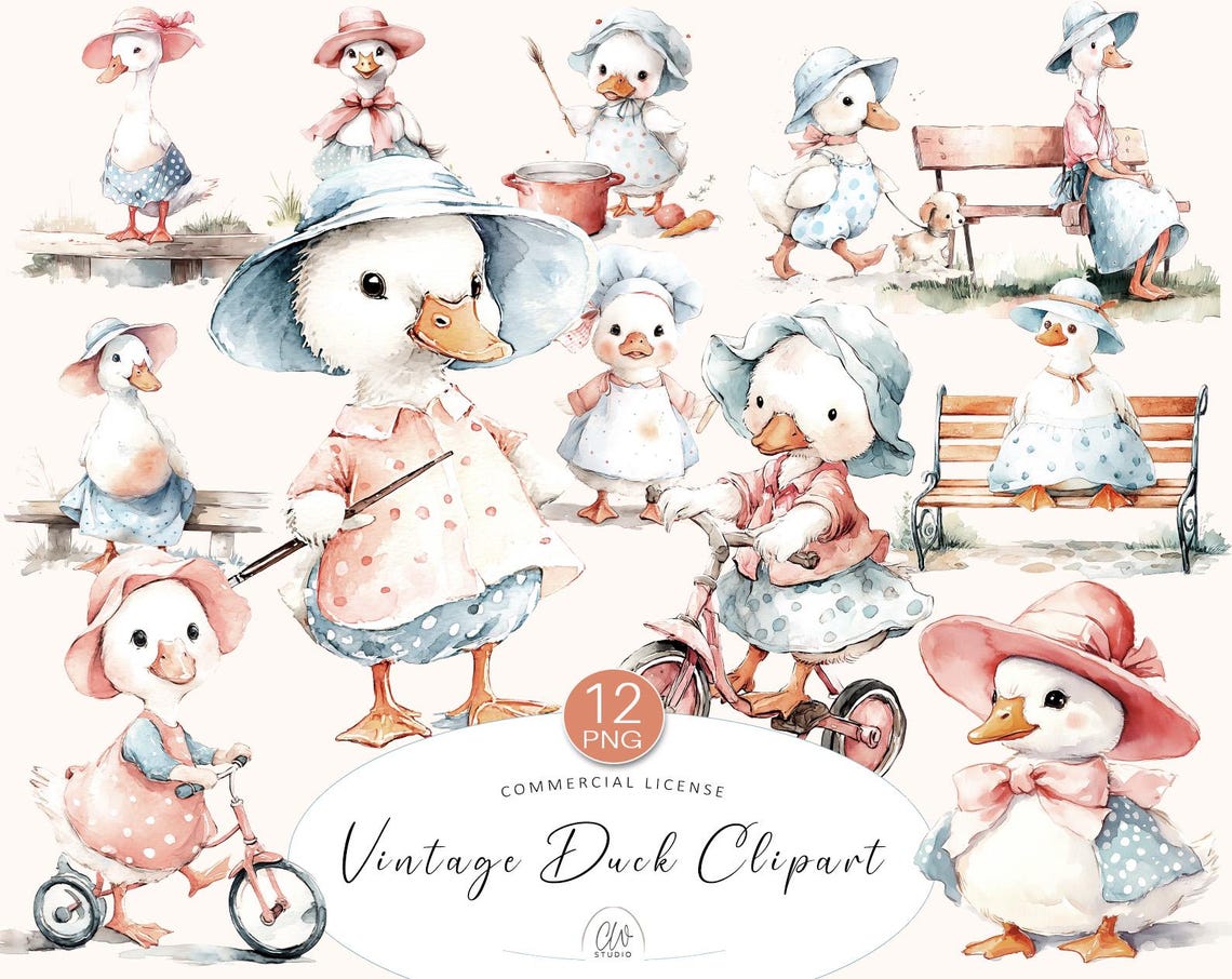 12 PNG Vintage Duck Clipart • Pastel Ducks in Dresses and Hats • Spring ...