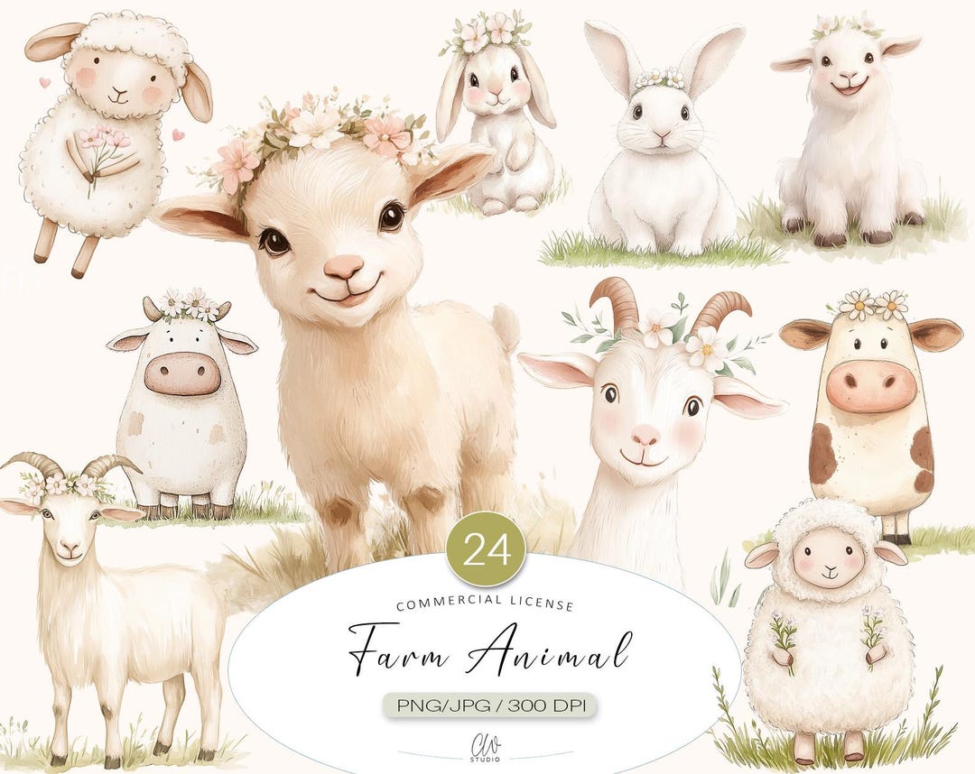 Watercolor Farm Animal Clipart: Baby Cow, Goat, Lamb, Bunny (PNG JPG ...