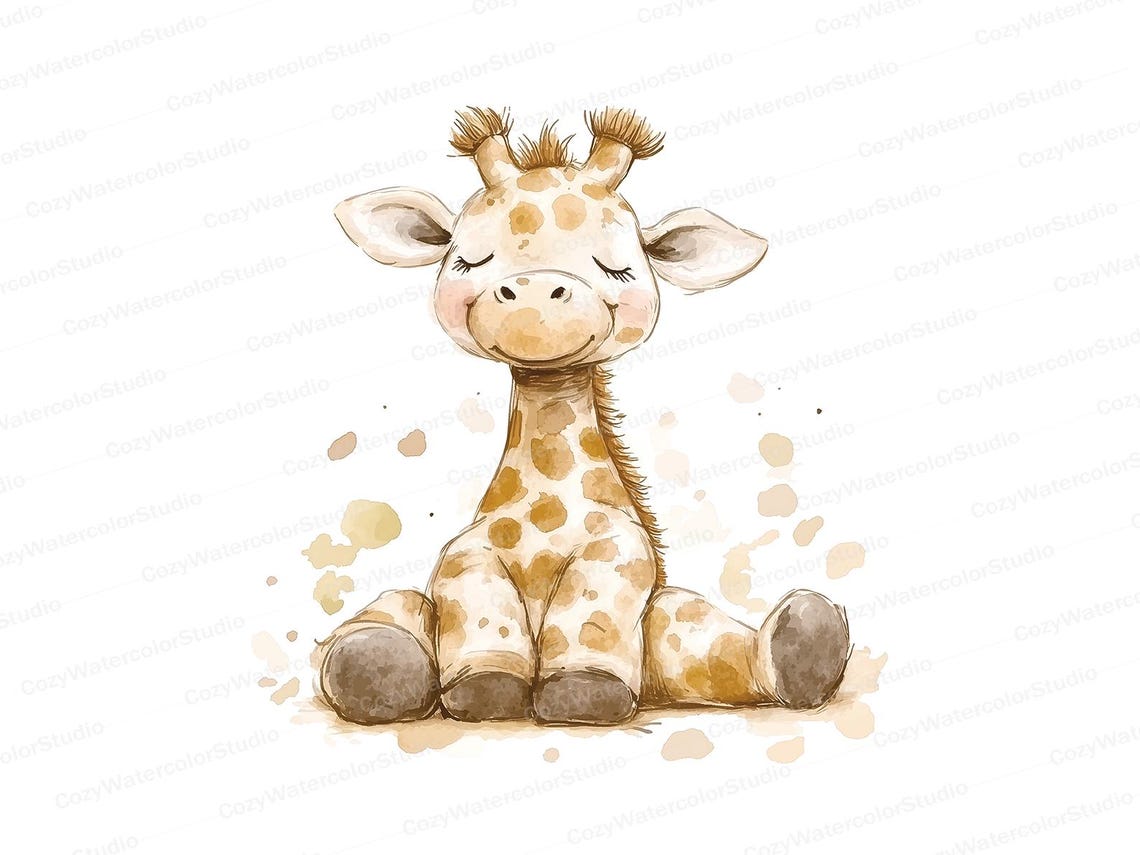 10 Cute Baby Giraffe Clipart Set - Watercolor Jungle Animal Digital ...