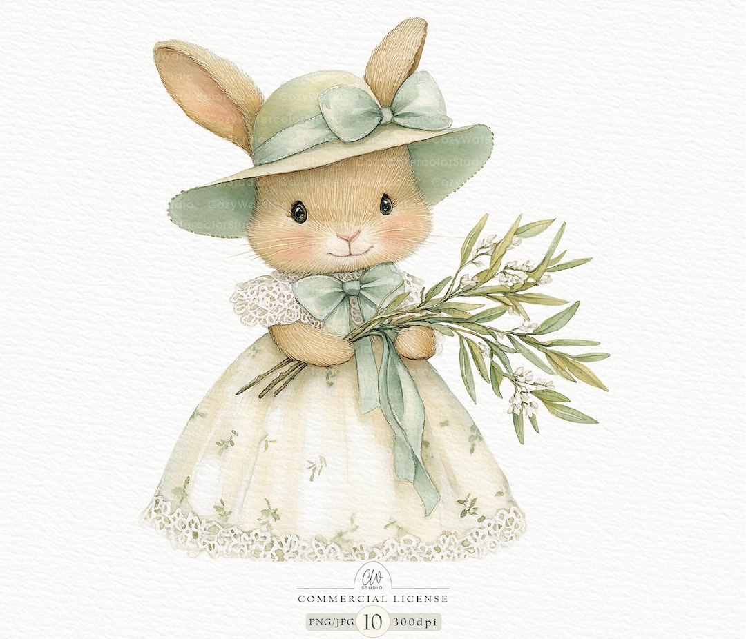 Watercolor Bunny Clipart: Vintage Easter Rabbit PNG JPG (digital ...