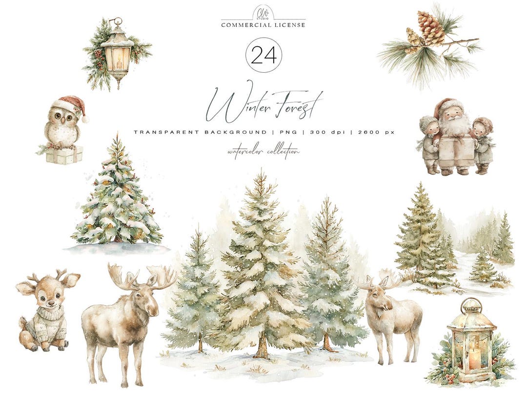 24 Winter Forest Clipart | Woodland Animals & Christmas Trees PNG, Cozy ...