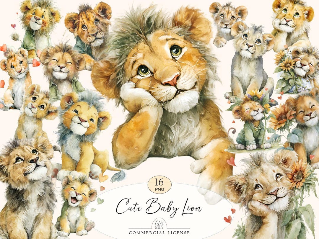 16 Lion Cub Clipart | Watercolor Baby Lion PNG, Safari Animals - Etsy