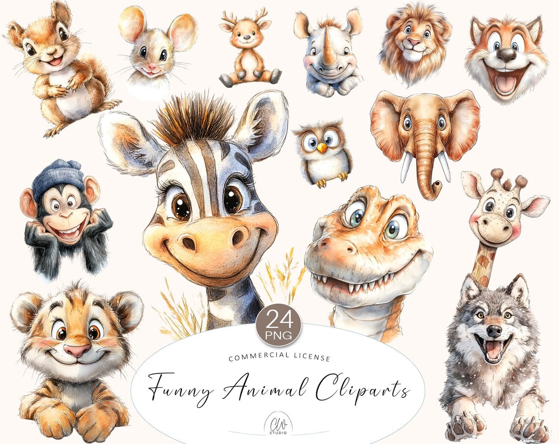 Funny Jungle Animal Clipart: Cartoon Safari Faces (PNG Digital Download ...