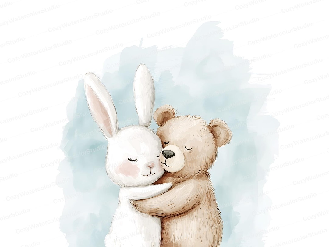 10 Cute Bunny and Bear Hug Clipart | Watercolor Nursery Art for Kids ...