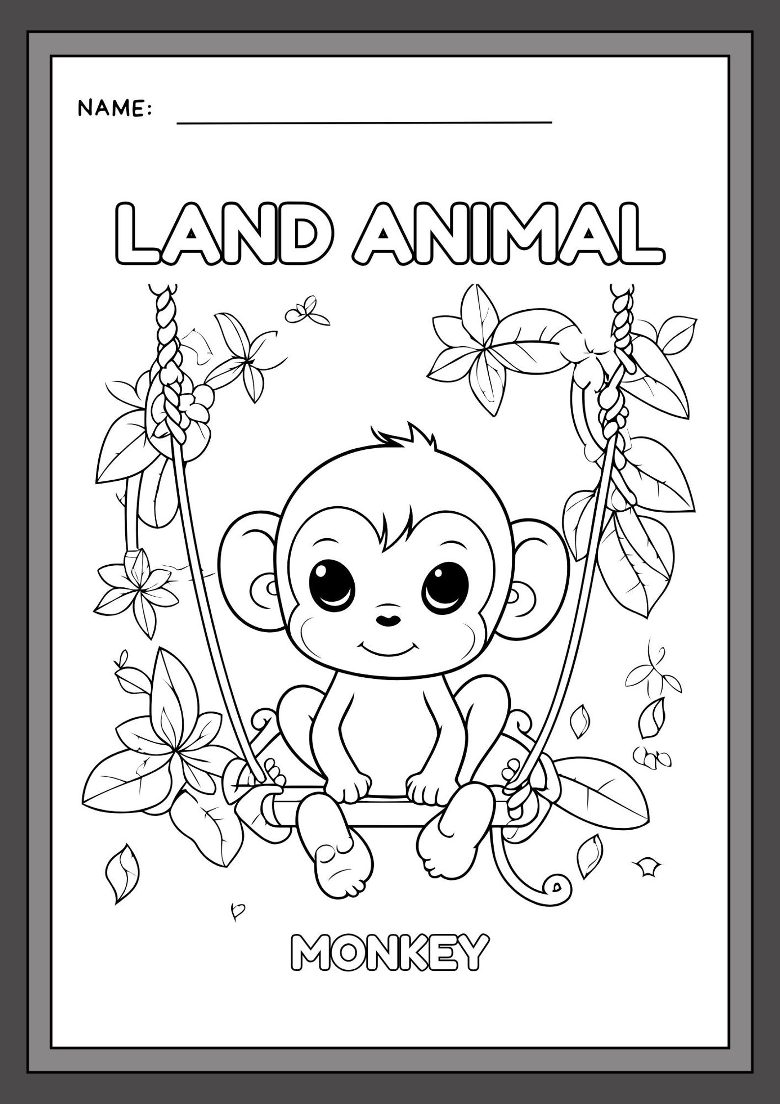 Land Animals Coloring Pages Activity Worksheet in Black and White ...