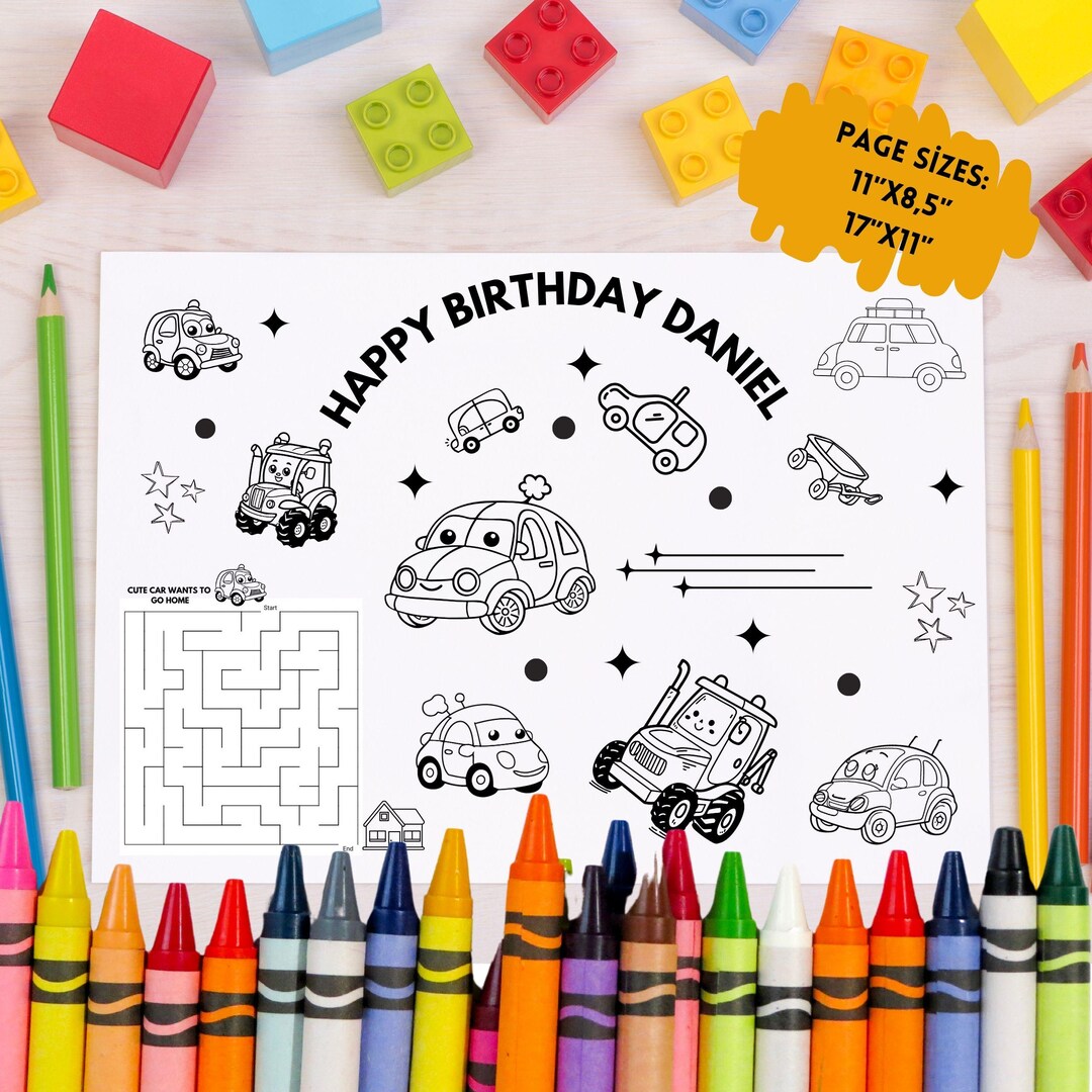 Cute Cars Birthday Coloring Page, Party Activity, Personalized Kids ...