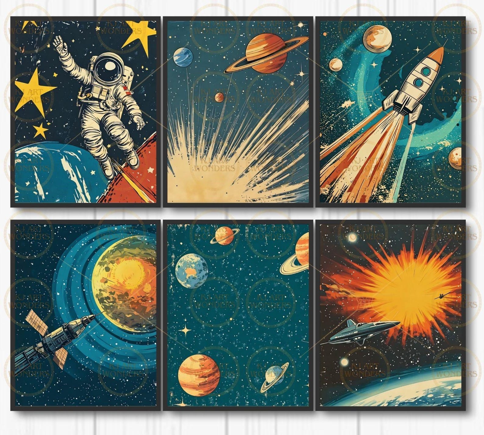 Retro Space Wall Prints, Astronaut, Digital Cosmic Art, Vintage - Etsy