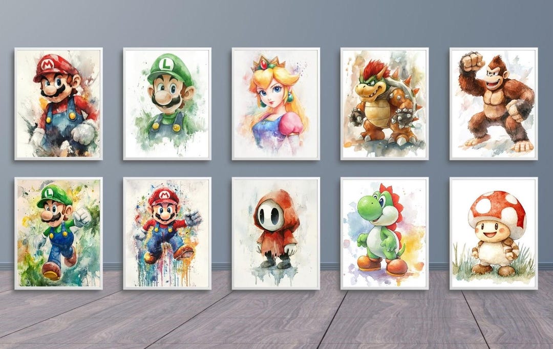 Super Mario Brothers Wall Art, Girl, Boy, Kid, Wall Decor, Watercolor ...
