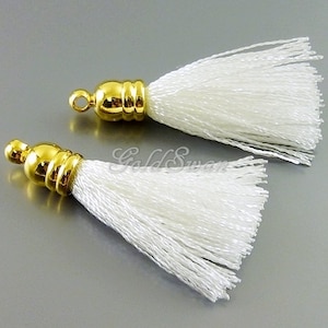 4 White 30mm Long Cotton Tassel With Gold Bail, Necklace / Earring ...