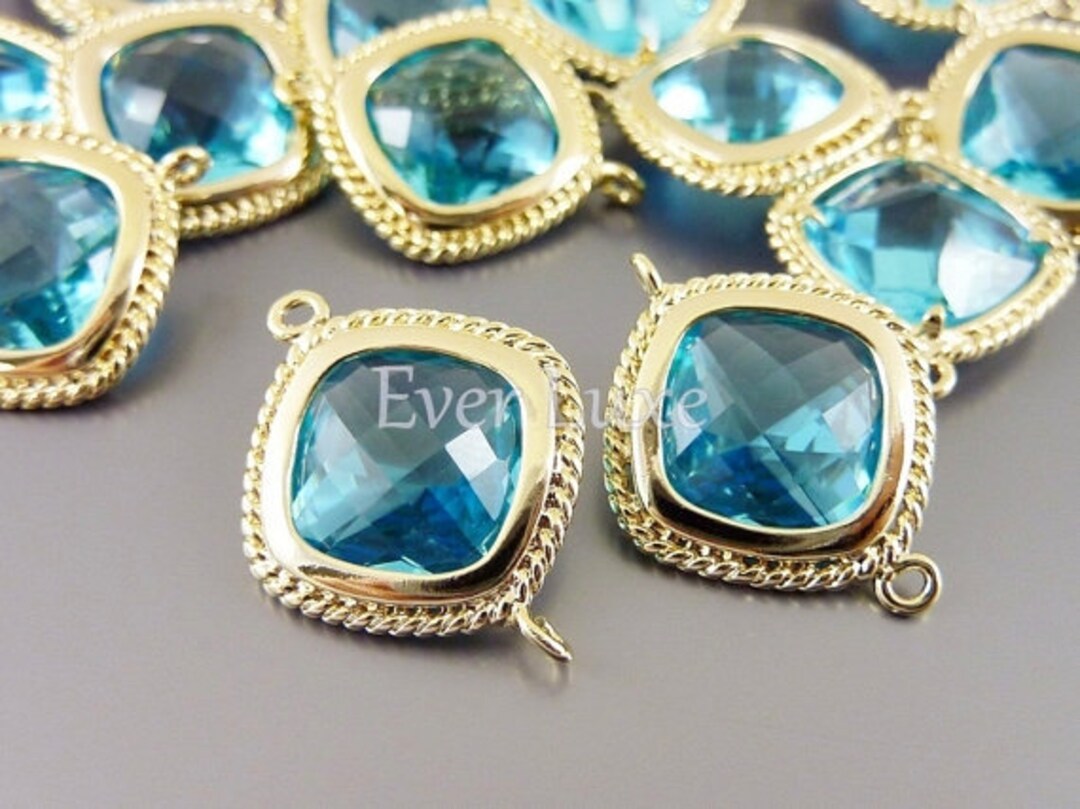 2 Aqua Blue Faceted Cushion Cut Glass Connectors, Rope Detailed Framed ...