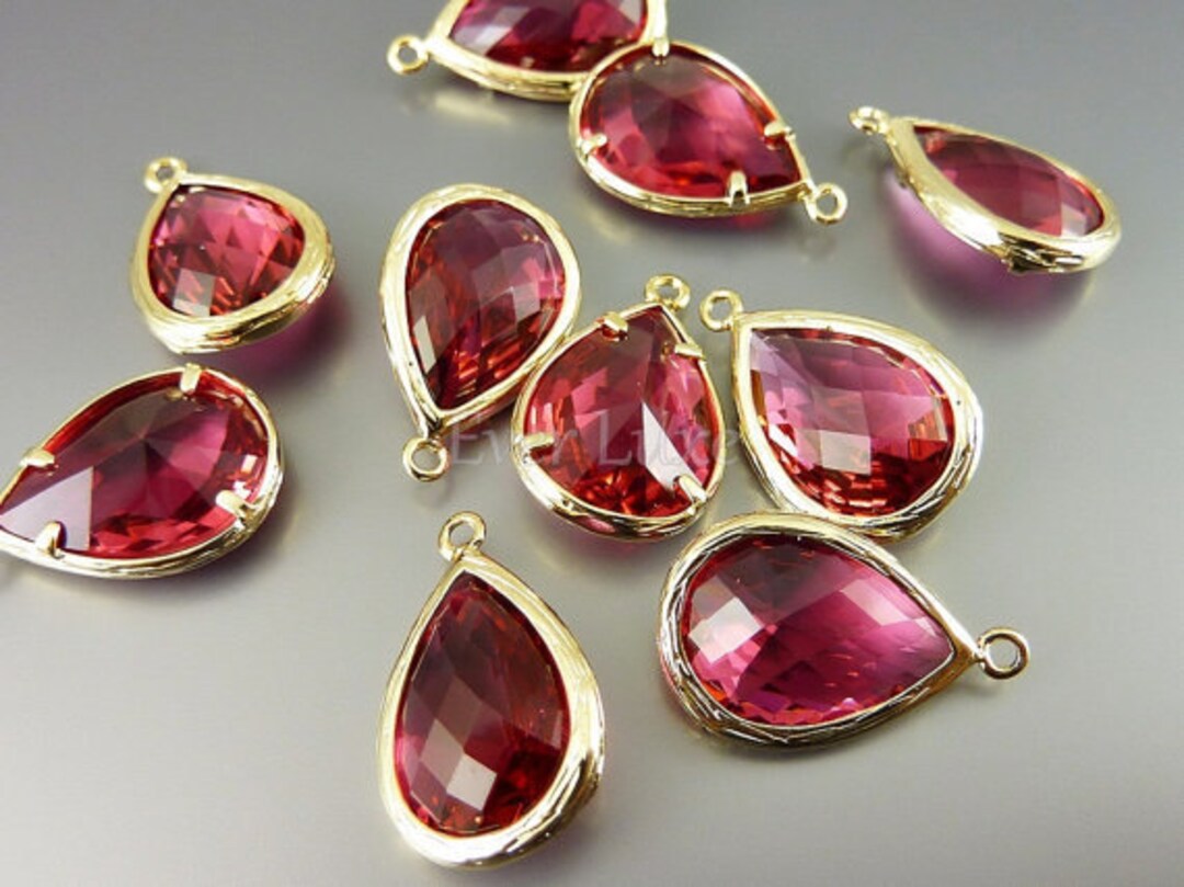 Ruby Red Glass Pendants: Gold Framed Teardrop Beads (2 Pc) - Etsy