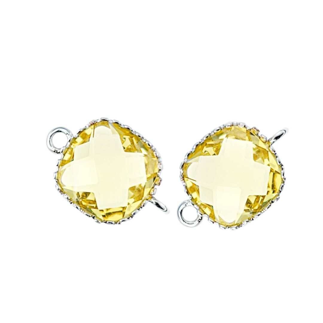 2 Pcs Lovely Lemon Yellow Square Shape Faceted Glass Connectors, With ...