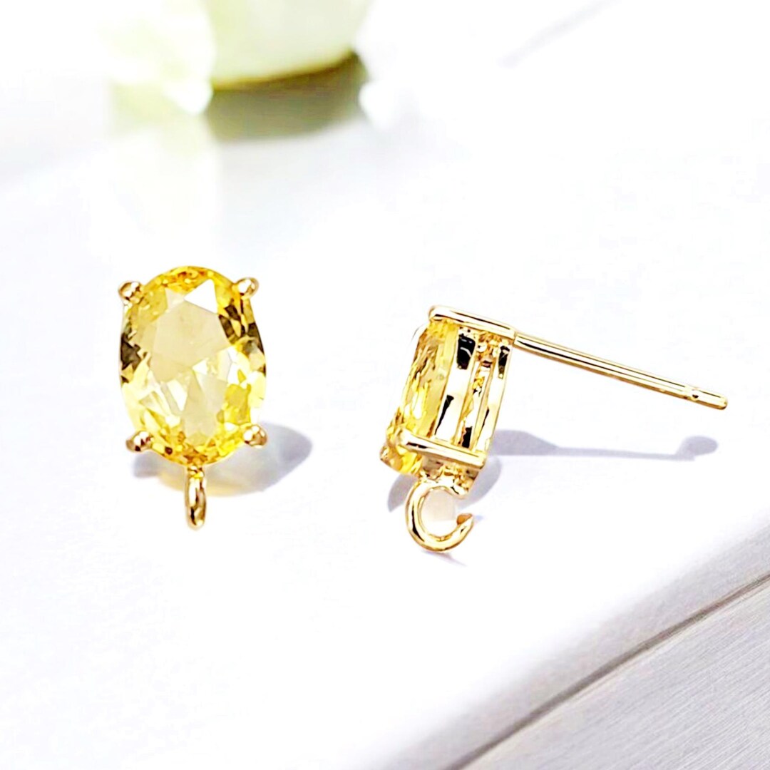 2 Pieces / 1 Pair Lemon Yellow Topaz Faceted Oval Stud Earrings, Glass ...