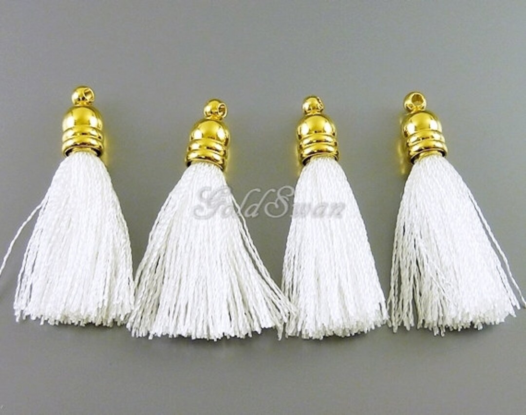 4 White 30mm Long Cotton Tassel With Gold Bail, Necklace / Earring ...