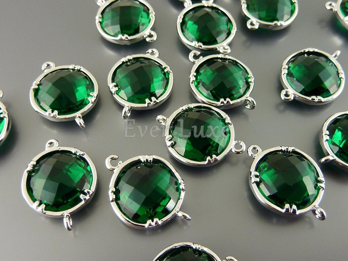 2 Emerald Green 12mm Glass Connectors, Faceted Round Glass Links ...